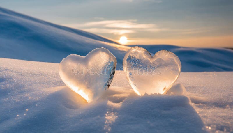 Two Heart-shaped Pieces of Ice Resting on the Snow, Sunset Light Stock ...