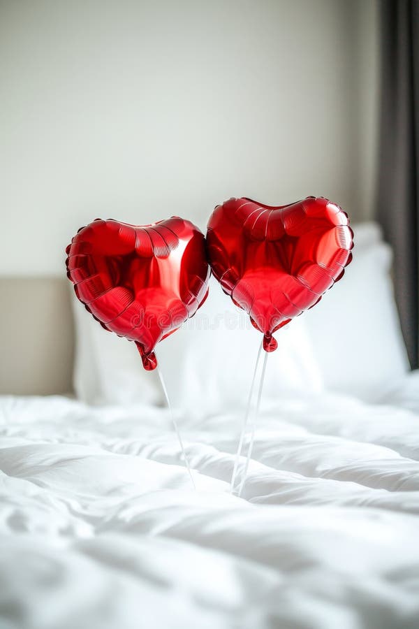 Two Heart Shaped Red Balloons Resting on a White Bed in a Retro Themed ...