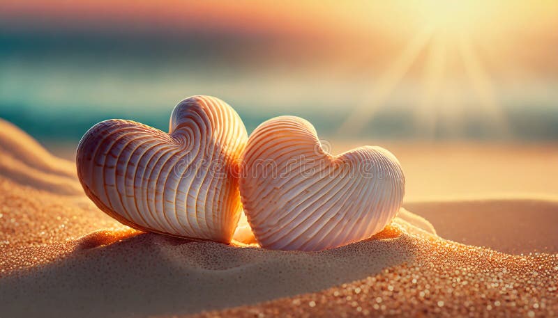 Two Heart-shaped Shells Resting on the Sand, Sunset Light Stock ...