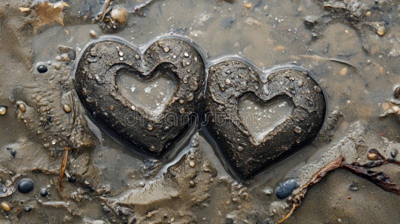 Two Heart-shaped Stones Nestled Together in Mud Stock Illustration ...
