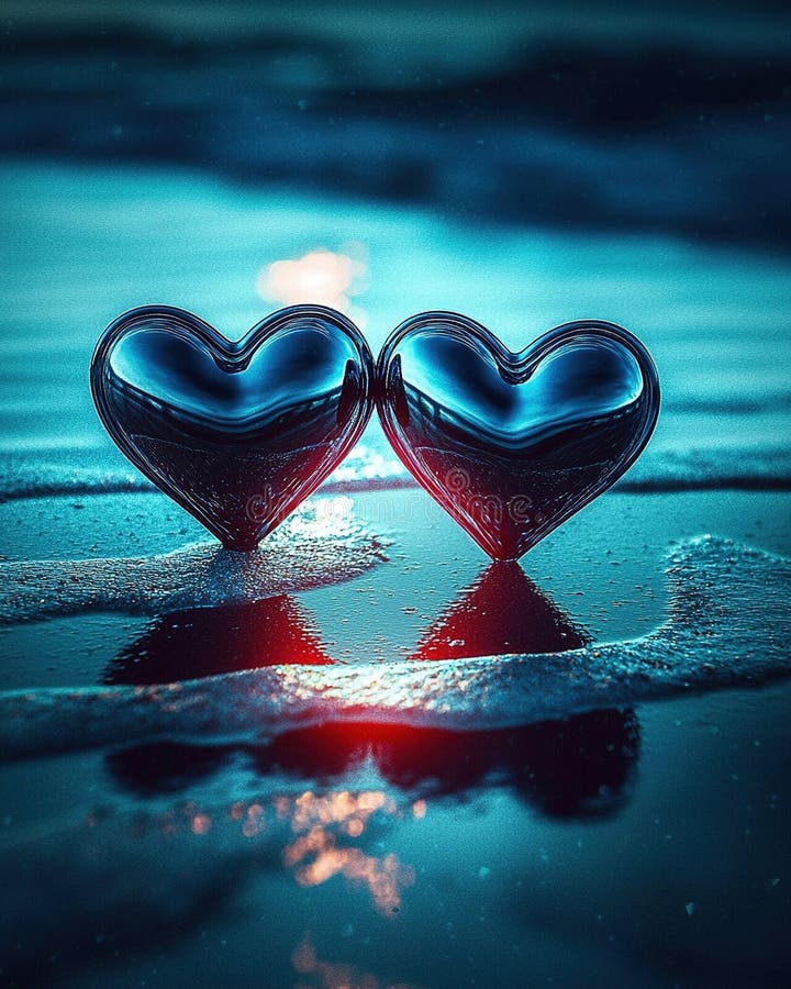 Two Hearts at the Beach at Night with Moonlight Shine upon the Hearts ...