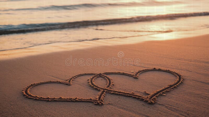 Two Hearts Drawn in Sand on Beach at Sunset with Copy-Space Stock Photo ...