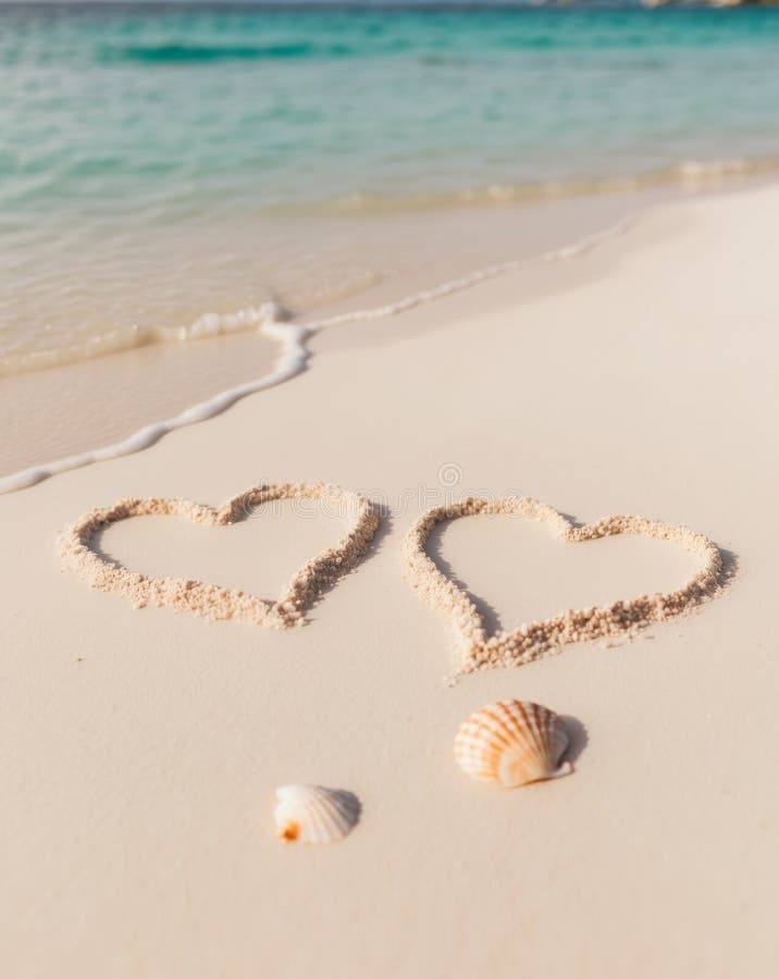 Two Hearts Drawn in the Sand on an Exotic Beach with Waves Gently ...
