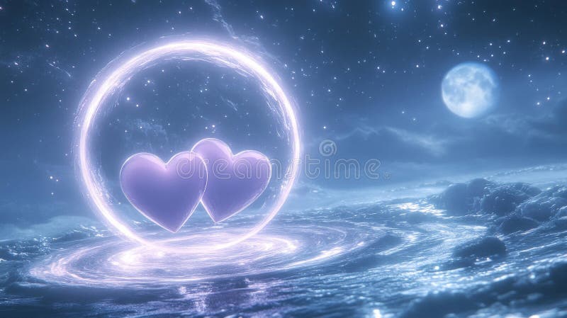 Two Hearts Glowing in a Night Sky with a Full Moon Stock Illustration ...