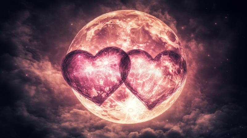 Two Hearts Illuminated by a Pink Moon in a Starry Night Sky Stock ...
