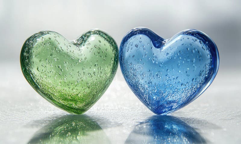 Two Hearts Made of Glass, One Green and One Blue Stock Image - Image of ...