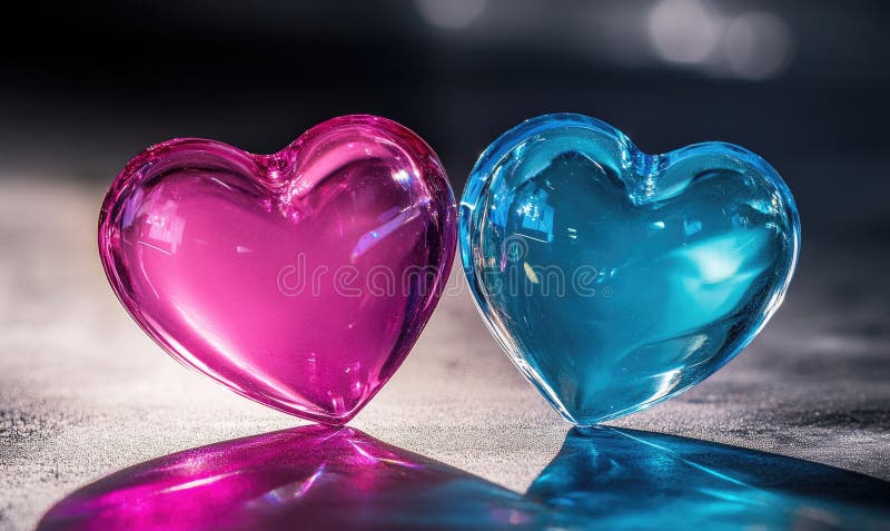 Two Hearts Made of Glass, One Pink and One Blue Stock Image - Image of ...