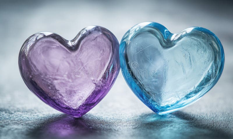 Two Hearts Made of Glass, One Purple and One Blue Stock Image - Image ...