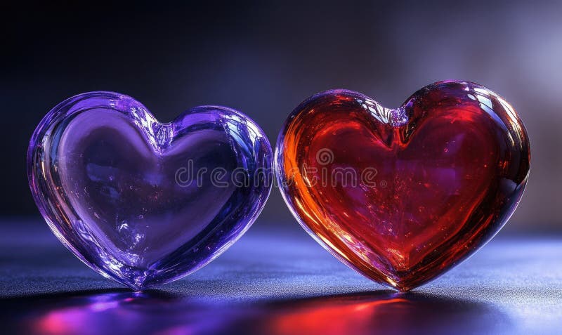 Two Hearts, One Purple and One Red, are Sitting on a Table Stock Image ...