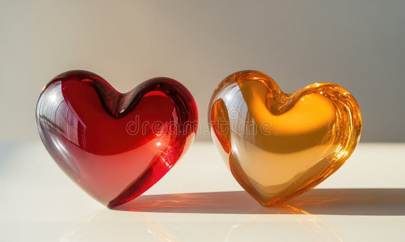 Two Hearts, One Red and One Orange, are Sitting on a White Surface ...