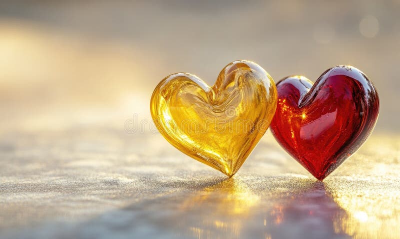 Two Hearts, One Yellow and One Red, are Sitting on a Table Stock Image ...