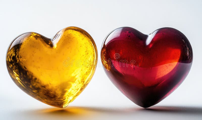 Two Hearts, One Yellow and One Red, are Sitting on a White Surface ...
