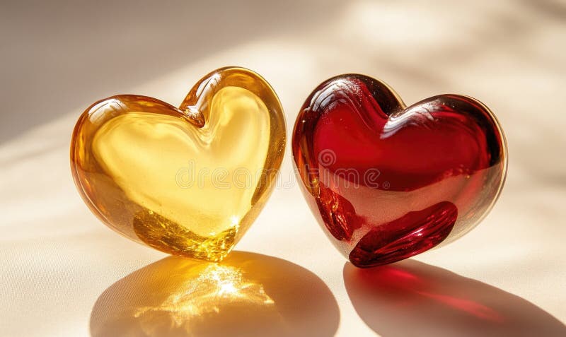 Two Hearts, One Yellow and One Red, are Sitting on a White Surface ...