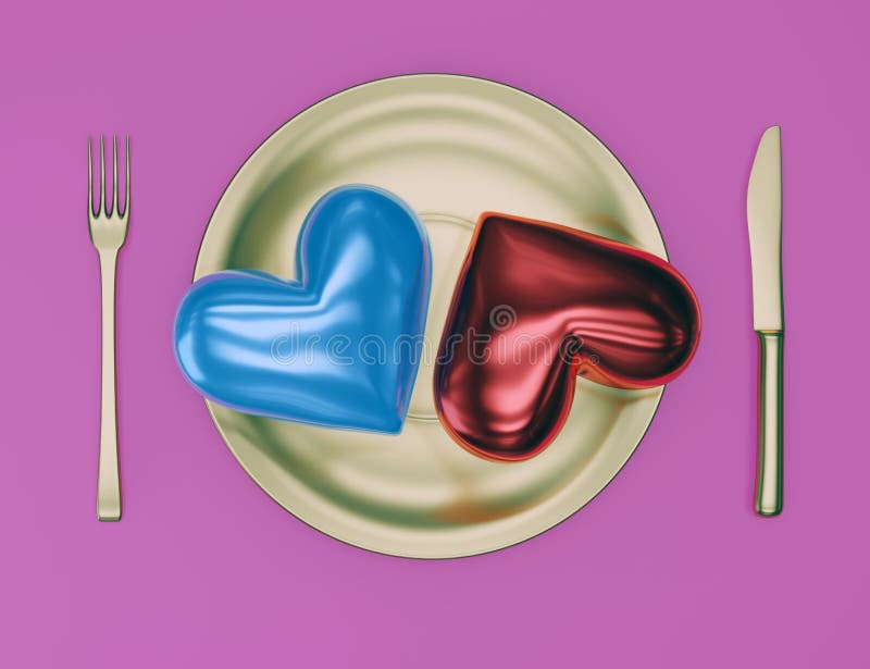 Two Hearts on Plate, Knife and Fork Stock Illustration - Illustration ...