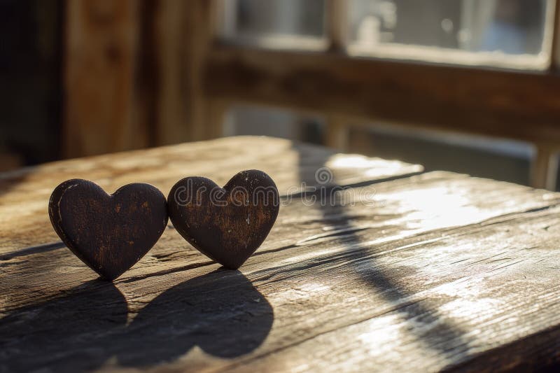 Two Hearts on Rustic Table with Sunlight. Stock Photo - Image of ...