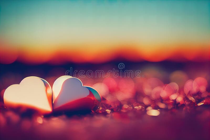 Two Hearts are Sitting on the Ground in the Sunset Light Stock ...