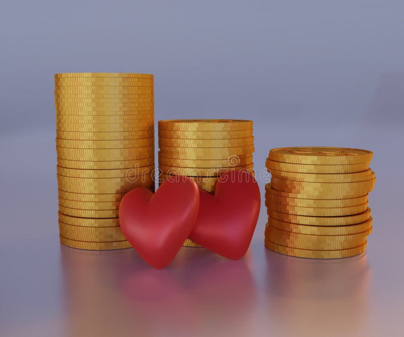 Two Hearts with Three Stack of Gold Coins Stock Illustration ...