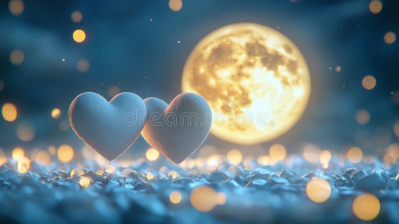 Two Hearts Under a Full Moon at Night Stock Illustration - Illustration ...