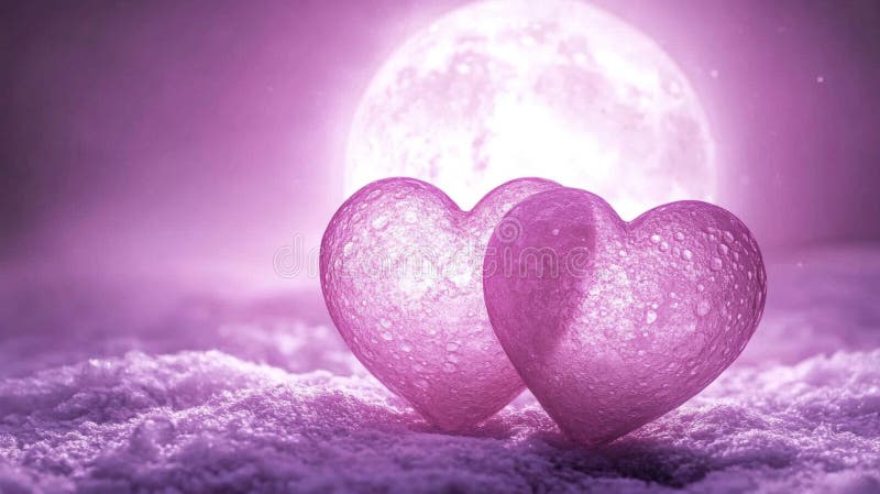 Two Hearts Under a Pink Moonlit Sky Stock Illustration - Illustration ...