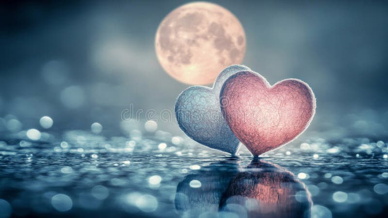 Two Hearts Under a Romantic Full Moon at Night Stock Illustration ...
