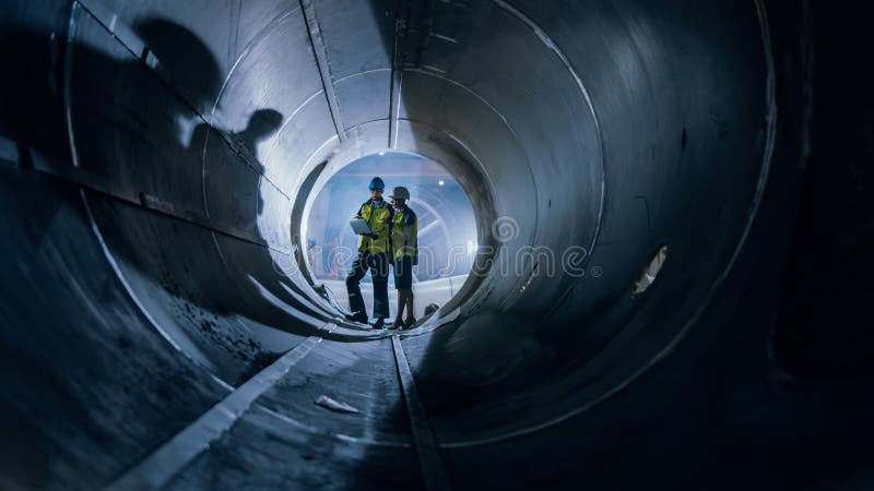 Two Heavy Industry Engineers Walking Inside Pipe, Use Laptop, Have ...