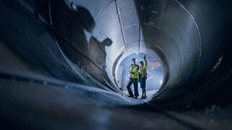 Two Heavy Industry Engineers Walking Inside Pipe, Use Laptop, Have ...