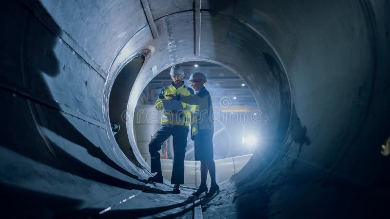 Two Heavy Industry Engineers Walking Inside Pipe, Use Laptop, Have ...