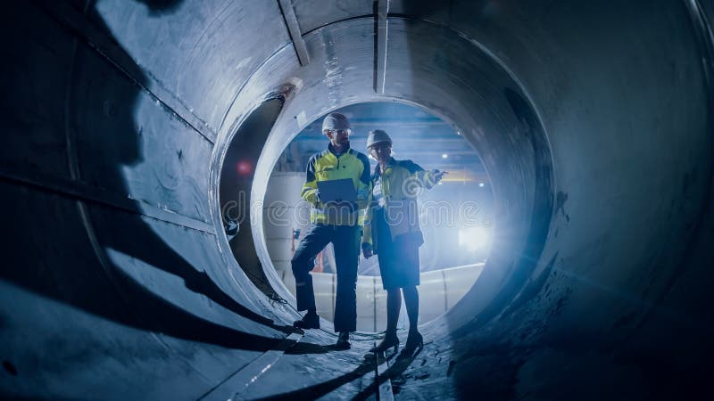Two Heavy Industry Engineers Walking Inside Pipe, Use Laptop, Have ...