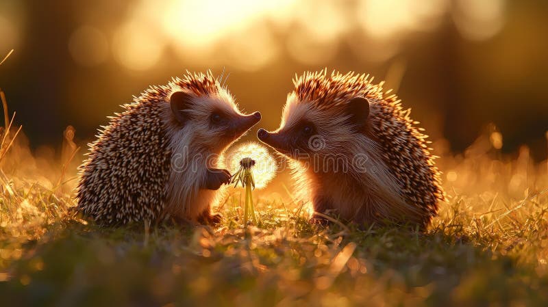 Two Hedgehogs Facing Each Other at Sunset in a Meadow. Possible Use ...