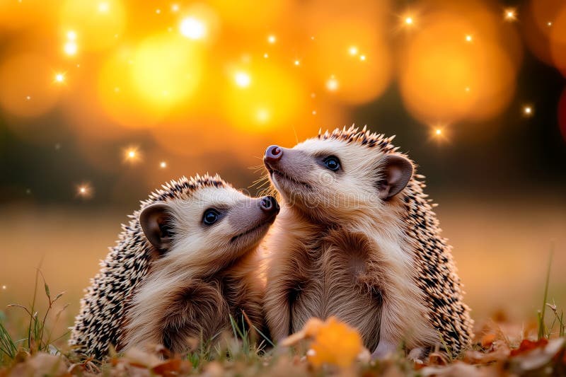 Two Hedgehogs in the Grass Looking at Each Other Stock Photo - Image of ...