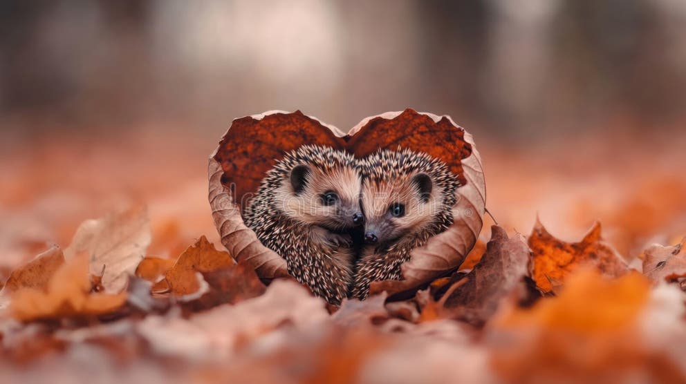 Two Hedgehogs Huddle Together in a Heart Shaped Leaf Stock Illustration ...