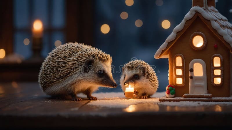 Adorable Hedgehogs by a Glowing Gingerbread House on a Snowy Winter ...