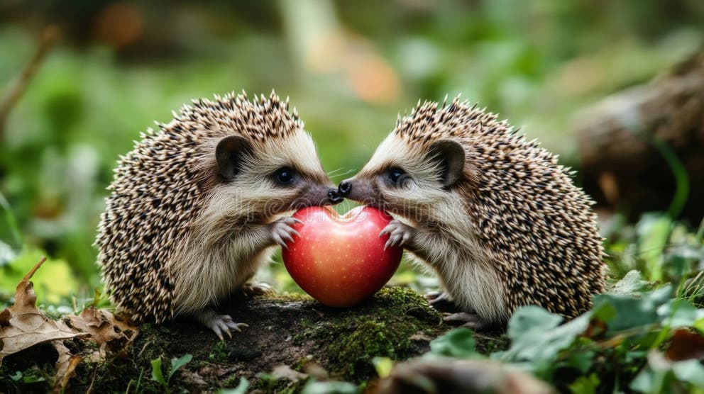 Two Hedgehogs Share a Red Apple in the Forest Stock Illustration ...