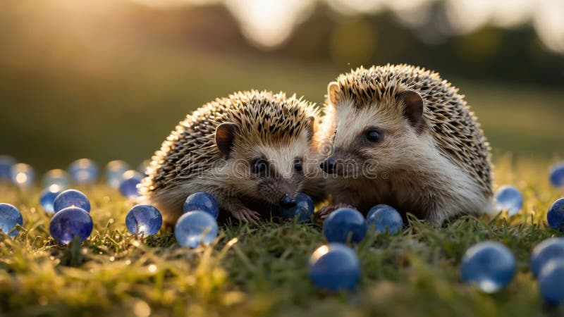 Adorable Hedgehogs Playing with Blue Marbles at Sunset Stock ...