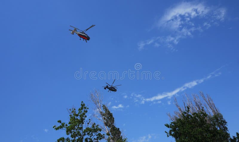 Two Helicopters Fly in the Air Stock Image - Image of region, aircraft ...