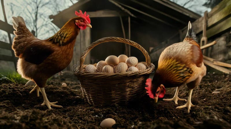 Farmyard Hens Standing Near Wicker Basket, Surrounded by Freshly ...