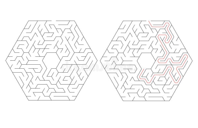 Two Hexagon Mazes One Solved with a Red Line Path Shown Stock ...