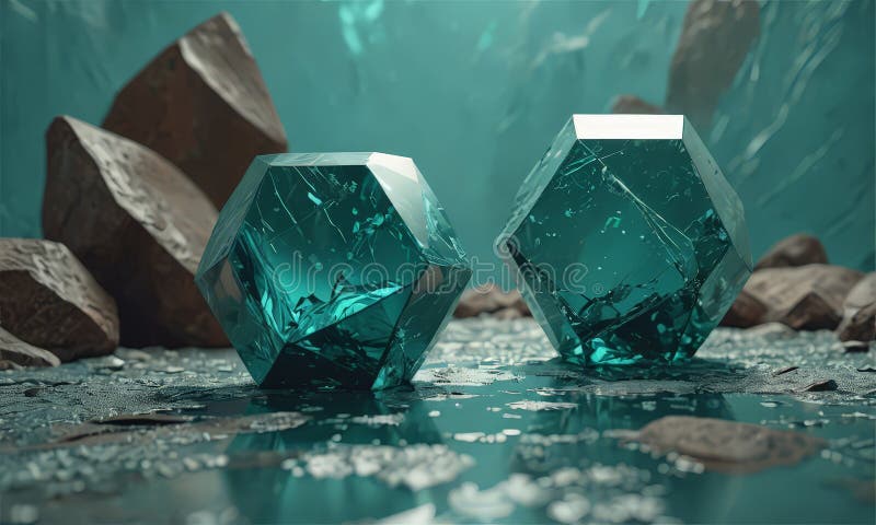 Two Hexagonal Blue Gemstones with Reflective Surfaces are Surrounded by ...