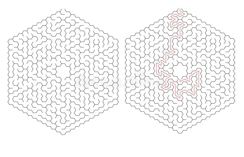 Two Hexagonal Mazes One Solved with a Red Line Path Stock Illustration ...