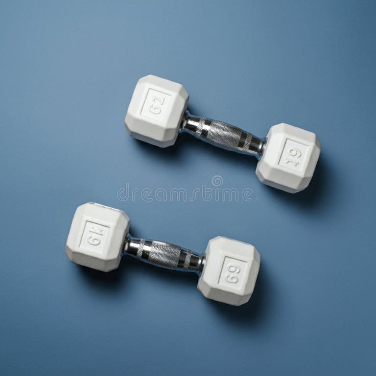 Two Hexagonal White Dumbbells on a Blue Surface. Each Dumbbell Features ...