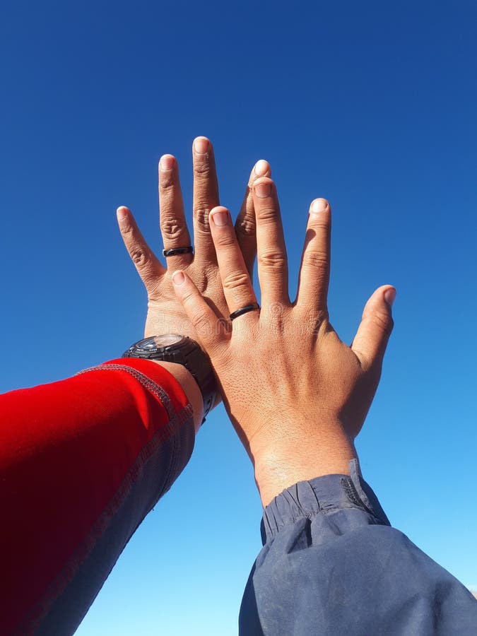 Two High Five Hands with Blue Sky Stock Image - Image of hands ...