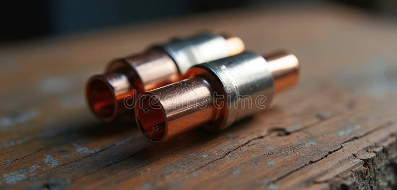 Two High Frequency Connectors Shown on Timber Surface. Shiny Copper Nickel Plating Covers ...
