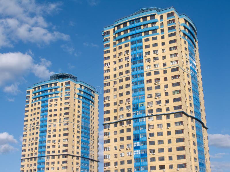 Two High Modern Apartment Building on Blue Sky Wit Stock Photo - Image ...