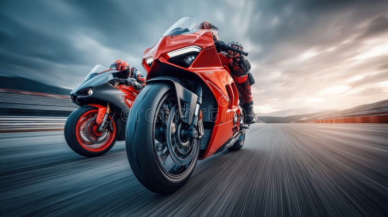 Two High-performance Motorcycles Race Neck and Neck on a Track ...
