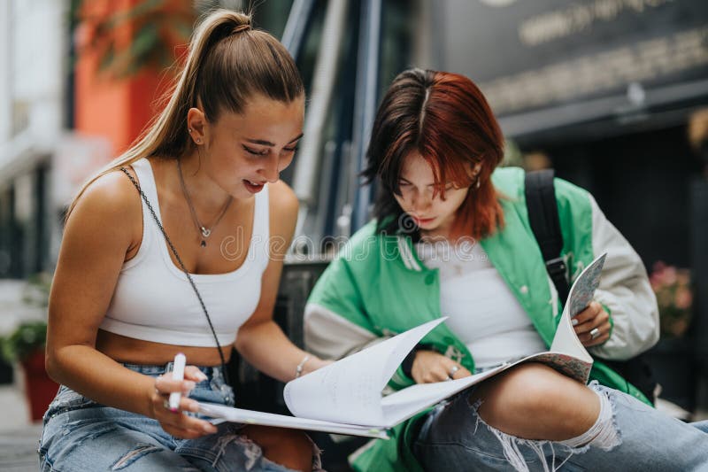 Two High School Girls Enjoying Learning Outdoors after Classes Stock ...