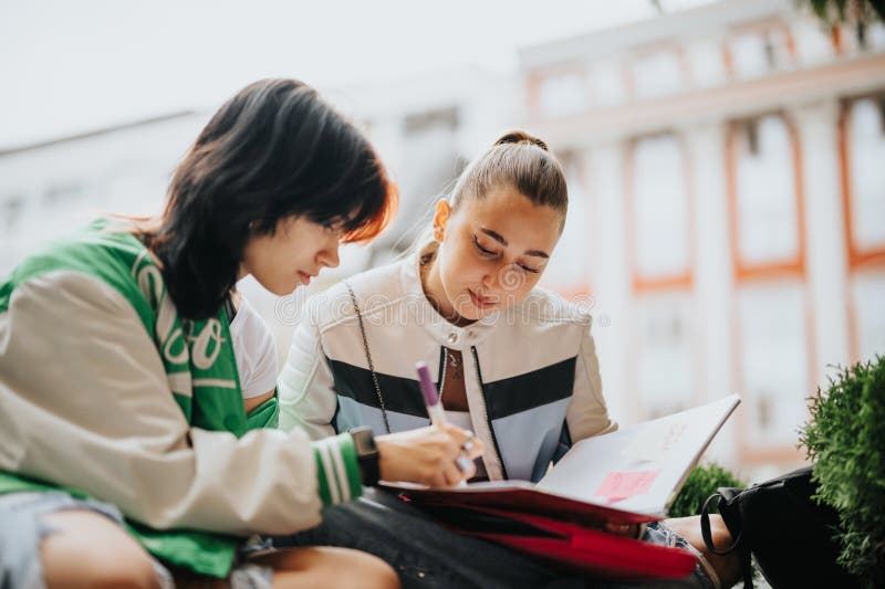 Two High School Girls Studying Outdoors Together, Preparing for Exam ...