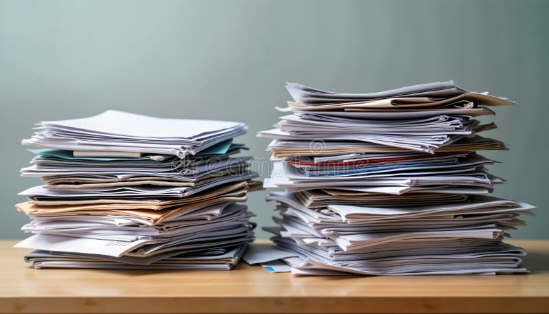 Two High Stacks of Papers, Documents on Light Wooden Table. Papers ...