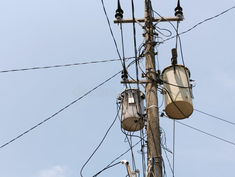 Two High Voltage Transformer Boxes and Power Lines Stock Photo - Image ...