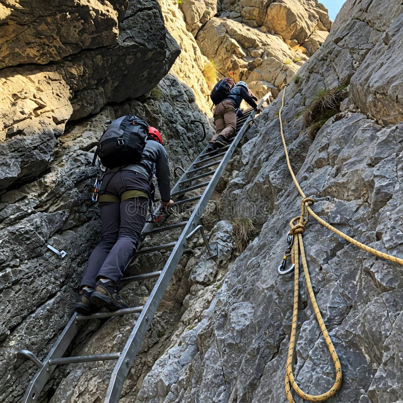Two Hikers Ascend a Rocky Cliff Using a Metal Ladder, Equipped with ...