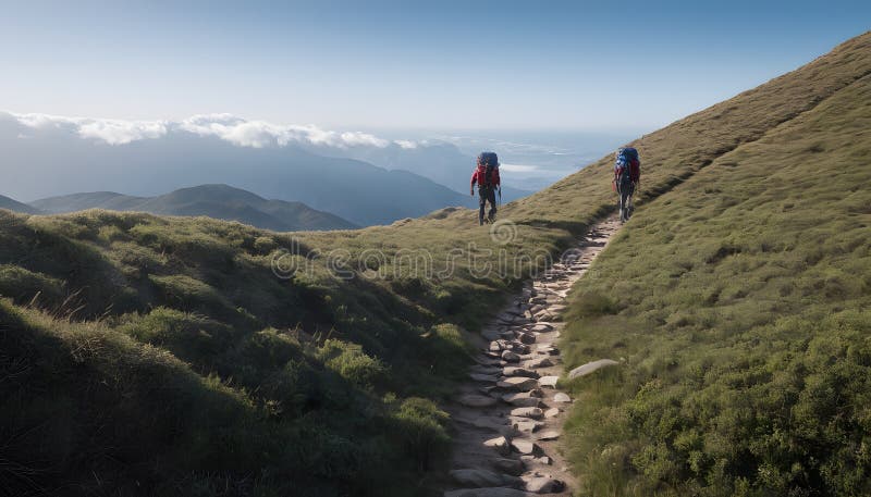 Two Hikers with Backpacks Walk Along a Rocky Path on a Mountainside ...